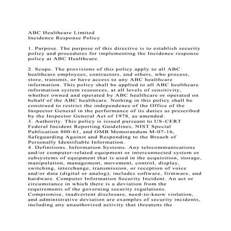 ABC Healthcare LimitedIncidence Response Policy1. Purpose. T.docx