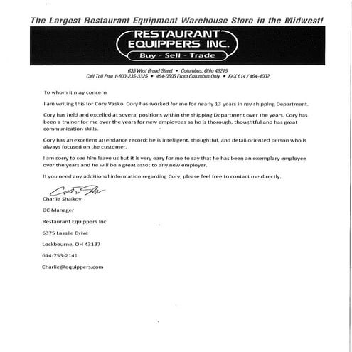 Cory Vasko Letter of Recommendation | PDF