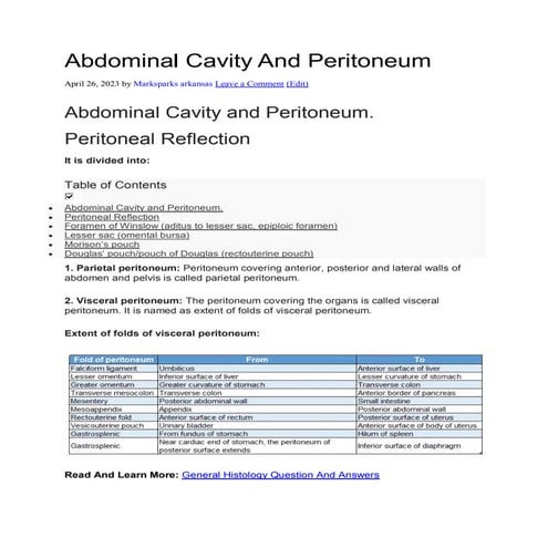 Abdominal Cavity And Peritoneum Questions And Answers | PDF