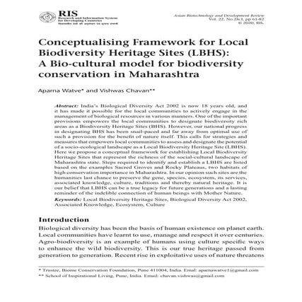Conceptualising Framework for Local Biodiversity Heritage Sites (LBHS ...