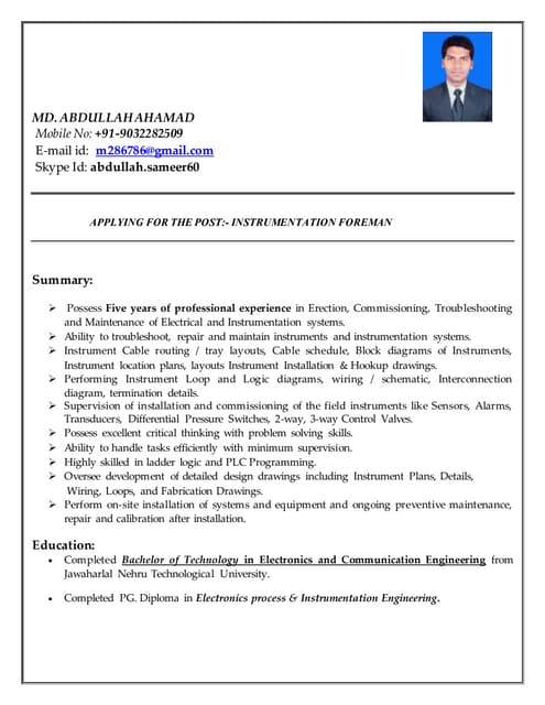 Chandrasekar G resume - Instrument Engineer new | PDF