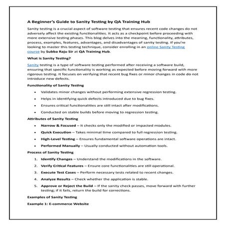 A Beginner’s Guide to Sanity Testing by QA Training Hub | PDF