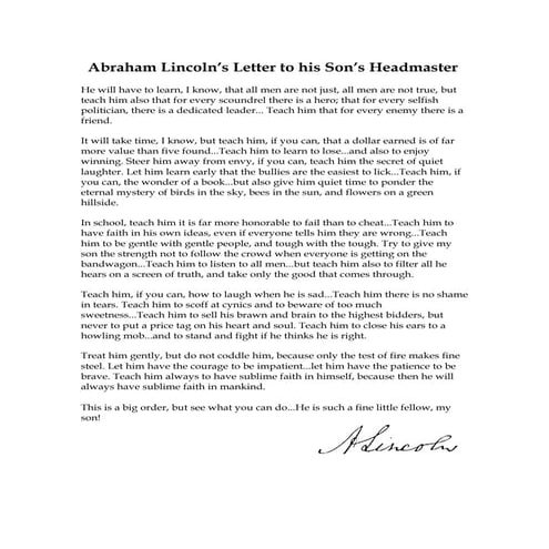 Abe lincoln's letter to his son's headmaster | DOC