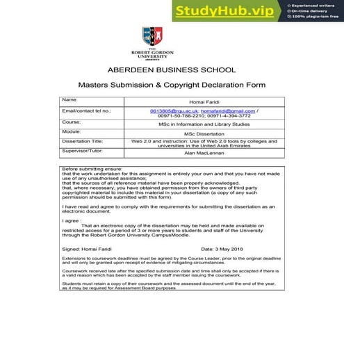 ABERDEEN BUSINESS SCHOOL Masters Submission Copyright Declaration Form ...