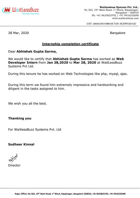 Internship completion letter at WaitLessBuzz - Abhishek Gupta Sarma | PDF Internship completion letter at WaitLessBuzz - Abhishek Gupta Sarma | PDF