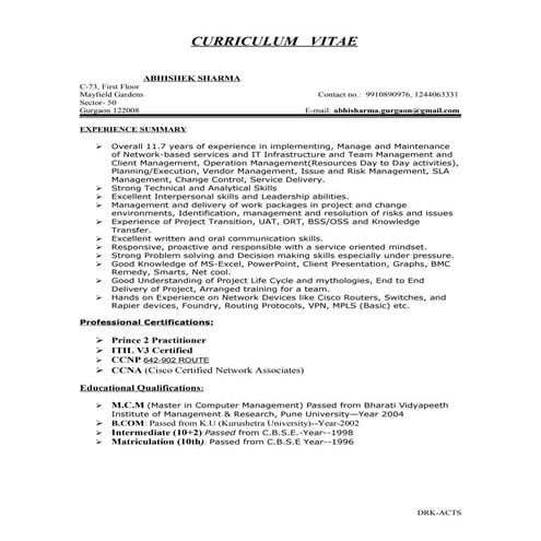 Abhishek resume | DOC | IT and Internet Support | Internet