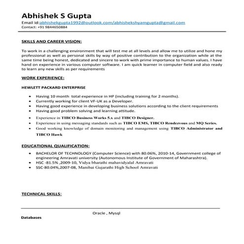 Abhishek resume hpe tibco developer | DOC