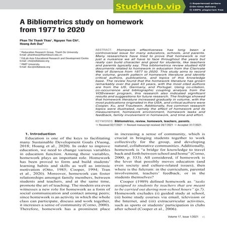A Bibliometrics Study On Homework From 1977 To 2020 | PDF