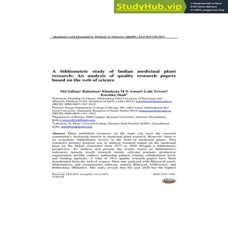 A Bibliometric Study Of Indian Medicinal Plant Research An Analysis Of ...