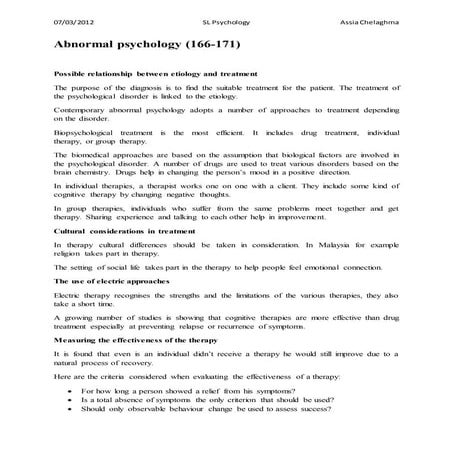 IB psychology SL Abnormal psychology notes 166 171 | DOCX