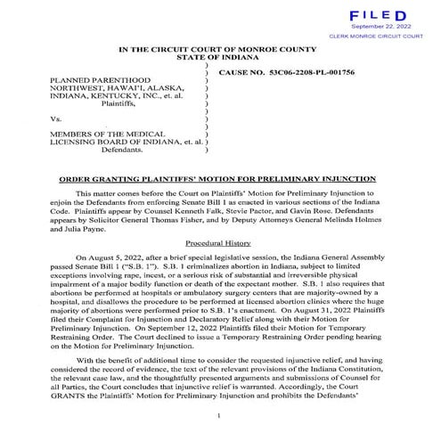 Judge grants injunction against state abortion law | PDF