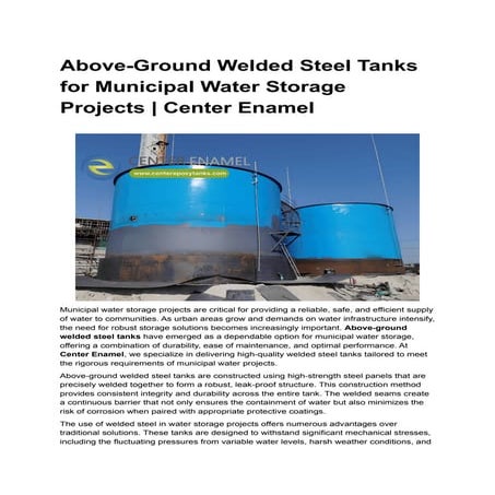 Above-Ground Welded Steel Tanks for Municipal Water Storage Projects ...
