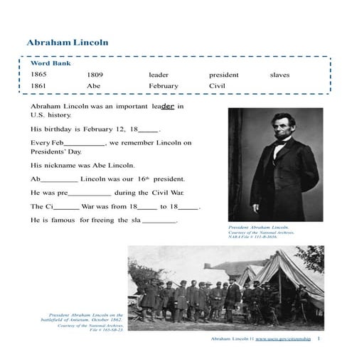 Abraham Lincoln Information Sheet