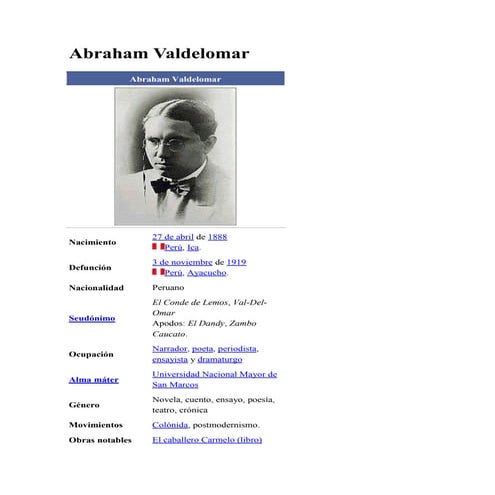 Abraham valdelomar bi wikipedia | DOCX | Poetry | Books and Literature
