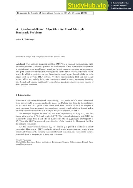 A Branch And Bound Algorithm For Hard Multiple Knapsack Problems Pdf