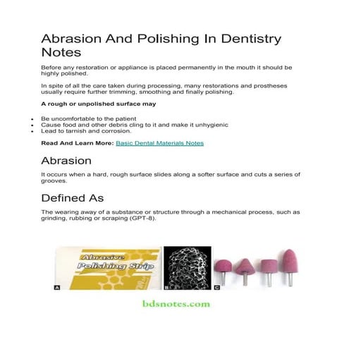 Abrasion And Polishing In Dentistry Notes | PDF