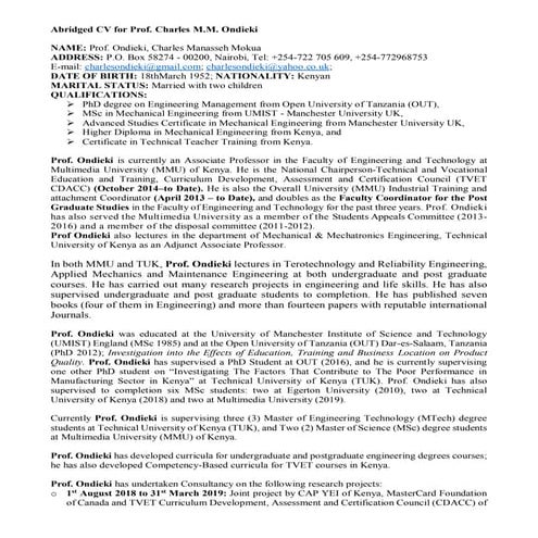 Abridged cv for prof. charles m.m. ondieki[f] | PDF