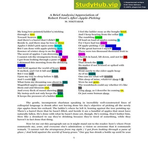 A Brief Analysis Appreciation Of Robert Frost S After-Apple-Picking | PDF