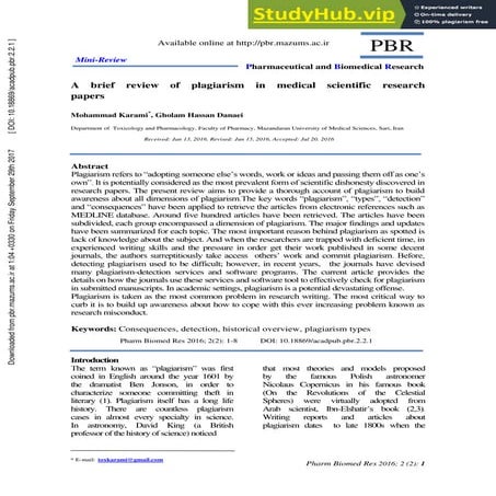 A Brief Review Of Plagiarism In Medical Scientific Research Papers | PDF