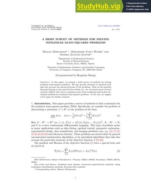 A Brief Survey Of Methods For Solving Nonlinear Least Squares Problems