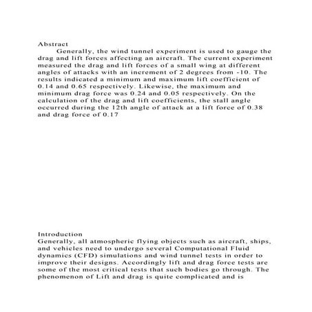 AbstractGenerally, the wind tunnel experiment is used to gauge .docx