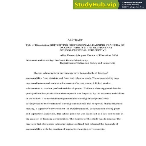 ABSTRACT Title of Dissertation SUPPORTING PROFESSIONAL LEARNING IN AN ...