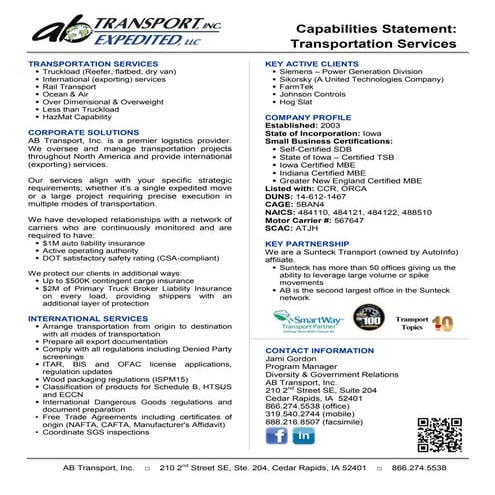 Ab Transport, Inc. Capabilities Statement | PDF