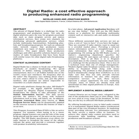 Digital Radio: a cost effective approach to producing enhanced radio ...