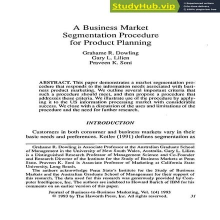 A Business Market Segmentation Procedure For Product Planning | PDF