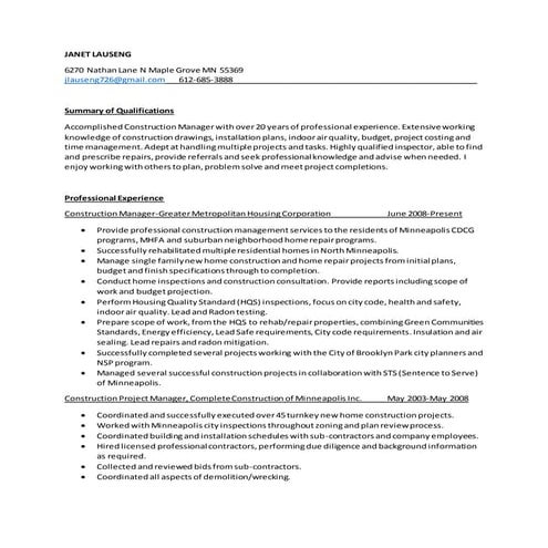 Janet Lauseng Resume | DOCX | Civil Engineering Industry | Industries