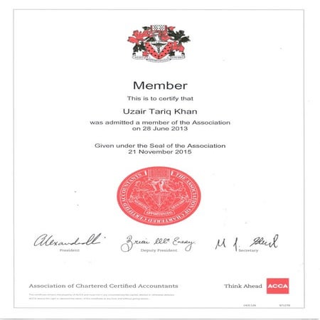 ACCA Membership Certificate - Uzair Tariq Khan | PDF