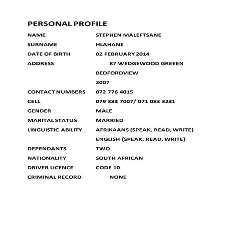 PERSONAL PROFILE.docx { STEPHEN HLAHANE} | DOCX