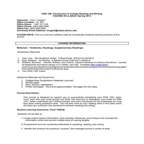 Eng 100 syllabus | PDF