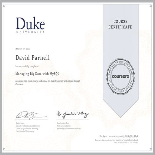 Coursera - Managing Big Data with MySQL (DUKE University) U9H5QU37JT5R (1) | PPT