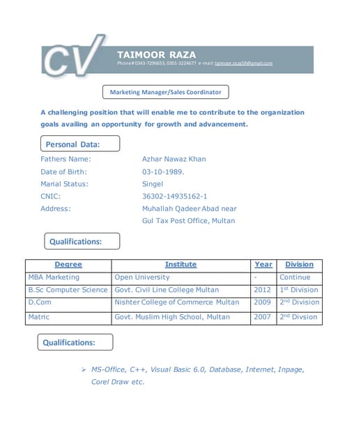 Owais CV | DOCX | Business | Business and Finance