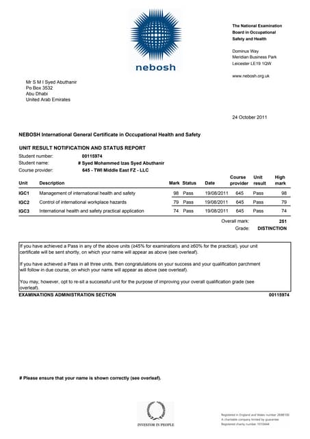 NEBOSH (IGC) ALL certificates final | PDF | Education