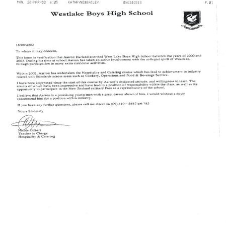 Westlake Boys Reference letter 2003 | PDF