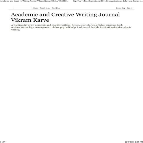 Academic and creative writing journal vikram karve organisational behaviour lecture series part ...