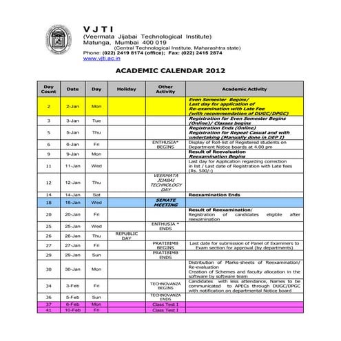 Academic calendar 2012 | PDF