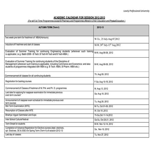 Academic calendar of term 1 2012 13 for regular programmes | PDF