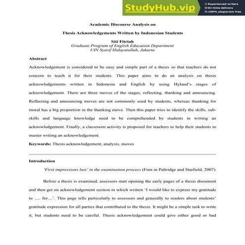 Academic Discourse Analysis On Thesis Acknowledgements Written By ...