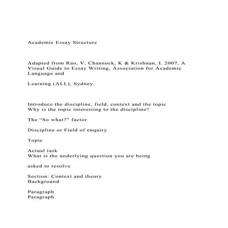 Academic Essay Structure Adapted from Rao, V, Channock.docx ...