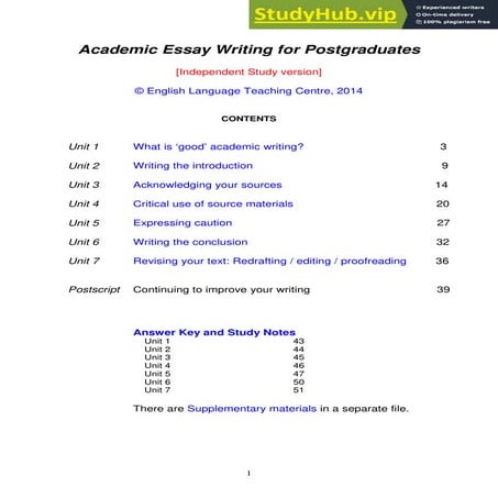 Academic Essay Writing For Postgraduates | PDF