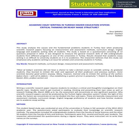 ACADEMIC ESSAY WRITING IN TURKISH HIGHER EDUCATION SYSTEM CRITICAL THINKING OR READY MADE ...