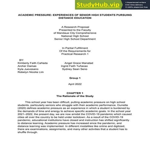 ACADEMIC PRESSURE EXPERIENCES OF SENIOR HIGH STUDENTS PURSUING DISTANCE ...
