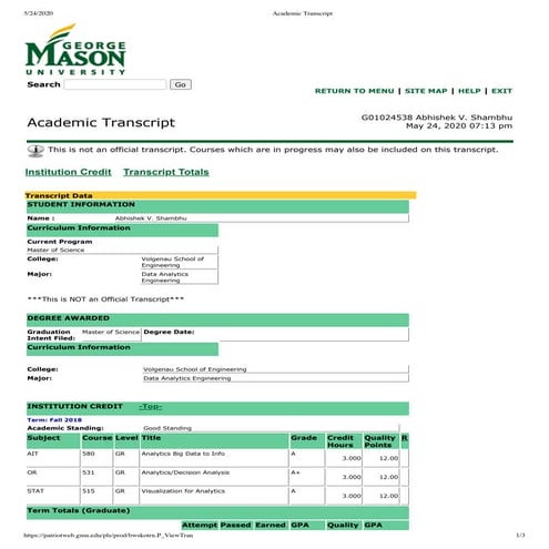 GMU Masters Academic Transcript | PDF