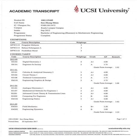 Academic Transcript-Soo Zhang Shiun | PDF