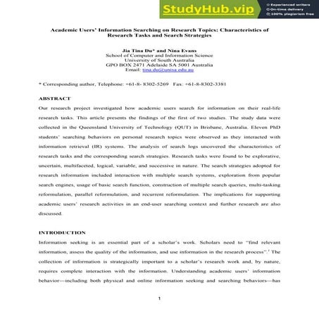 Academic Users Information Searching On Research Topics Characteristics Of Research Tasks And ...