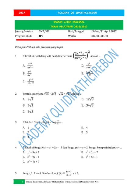 Naskah Asli UN Matematika SMA IPA 2014 | DOCX