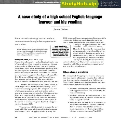A Case Study Of An High School English Language Learner And His Reading ...